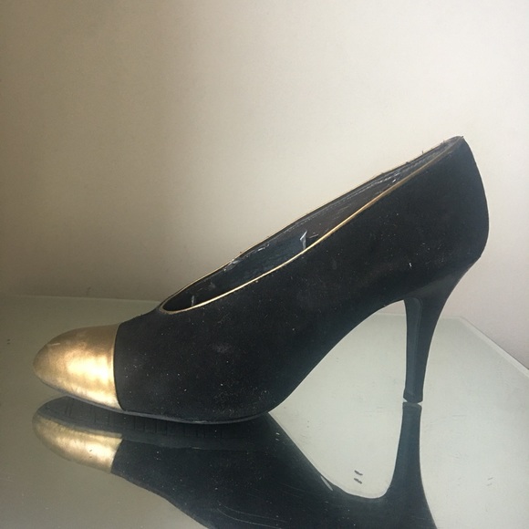 DKNYC | Shoes | Gold Cap Toe Black Suede Pumps Dkny | Poshmark